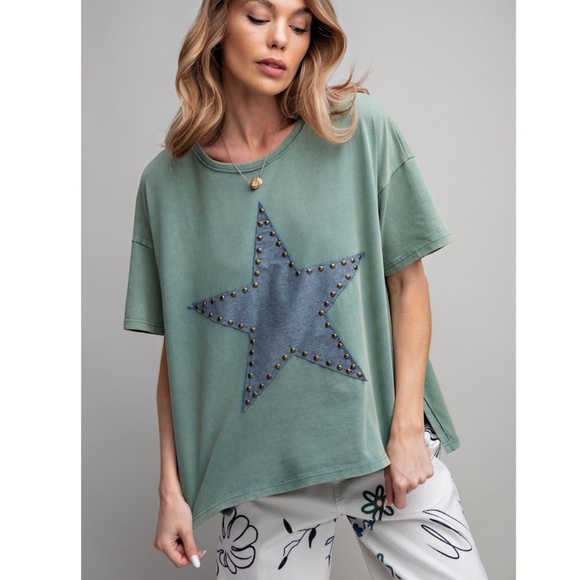 easel | Tops | The Kelly Moss Mineral Wash Star Studded Patch Knit Top ...
